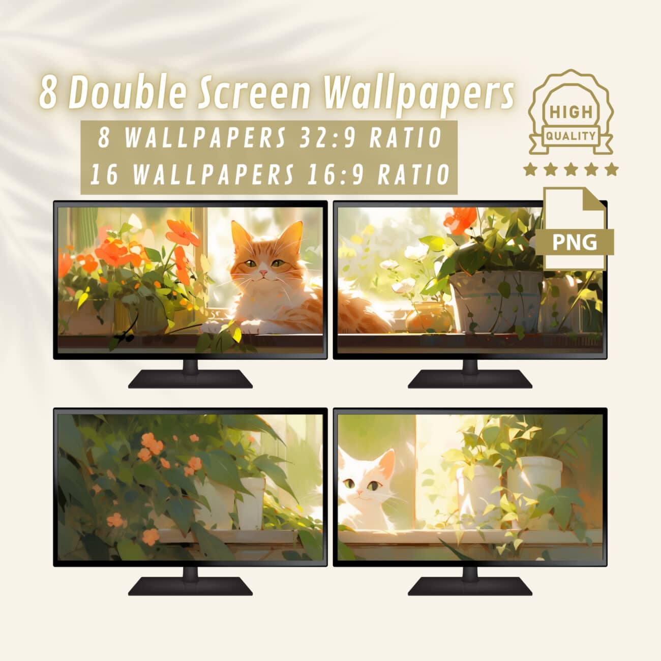 Cat and Plants Dual Wallpapers - Cozy Double Monitor Art