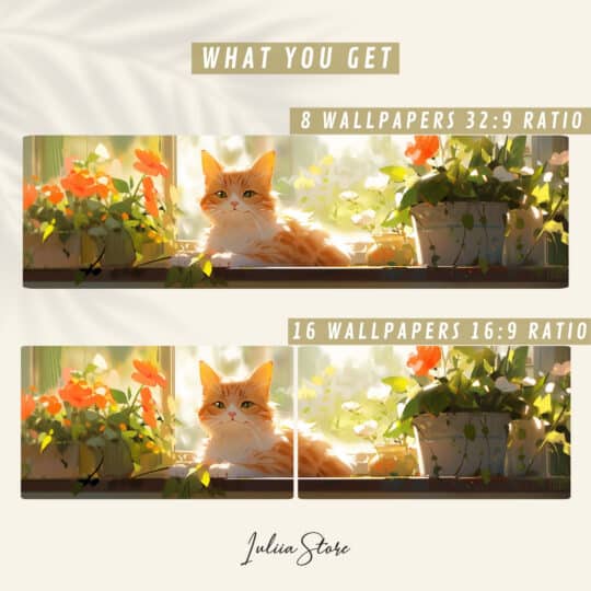 Cat and Plants Dual Wallpapers - Cozy Double Monitor Art
